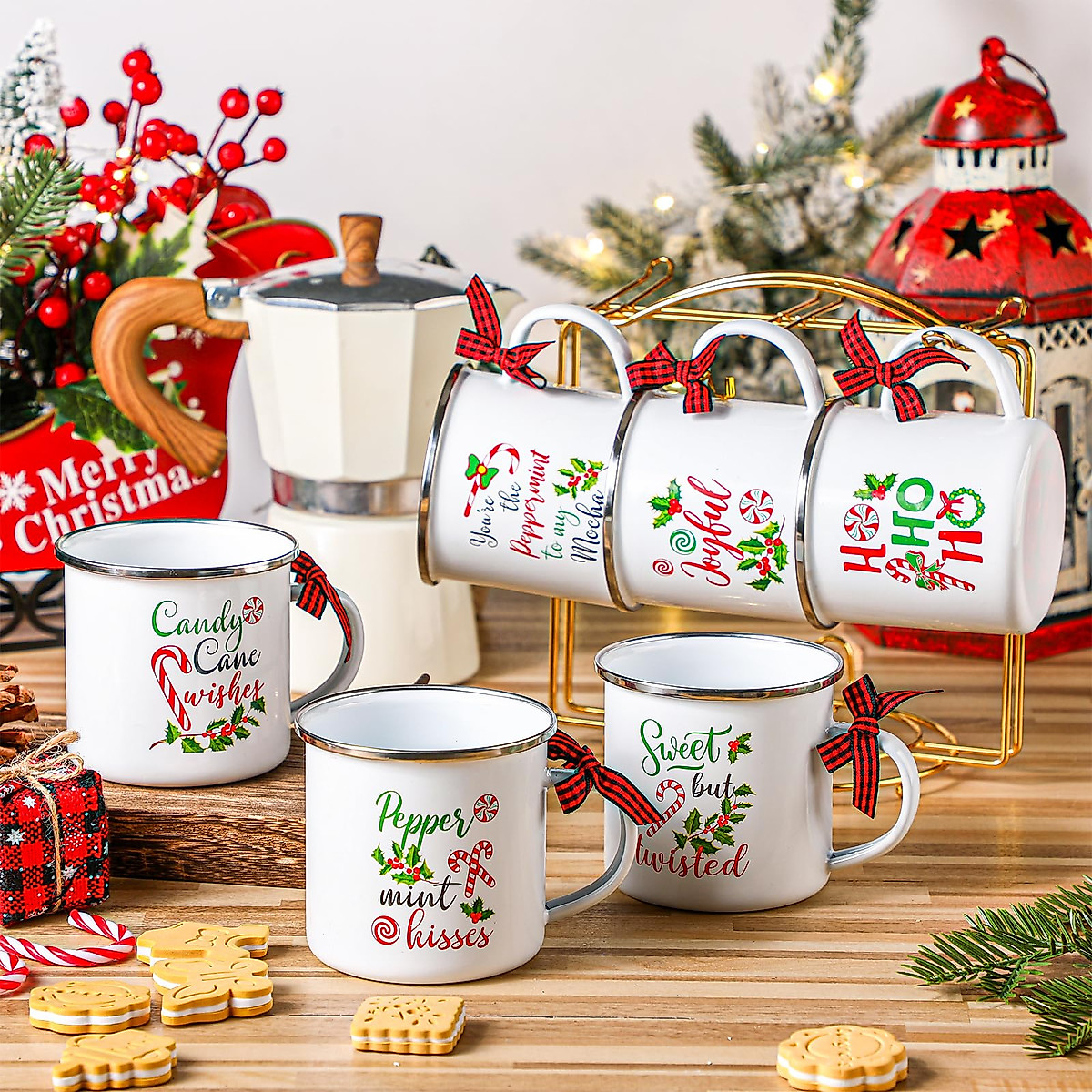 Shellwei 12 Pcs Christmas Enamel Mugs Christmas Holiday Coffee Mug Set Camping Coffee Mug Bulk 12 oz Metal Enamel Coffee Cups Travel Mugs Christmas Decoration Gift for Home Diner Birthday Wedding
