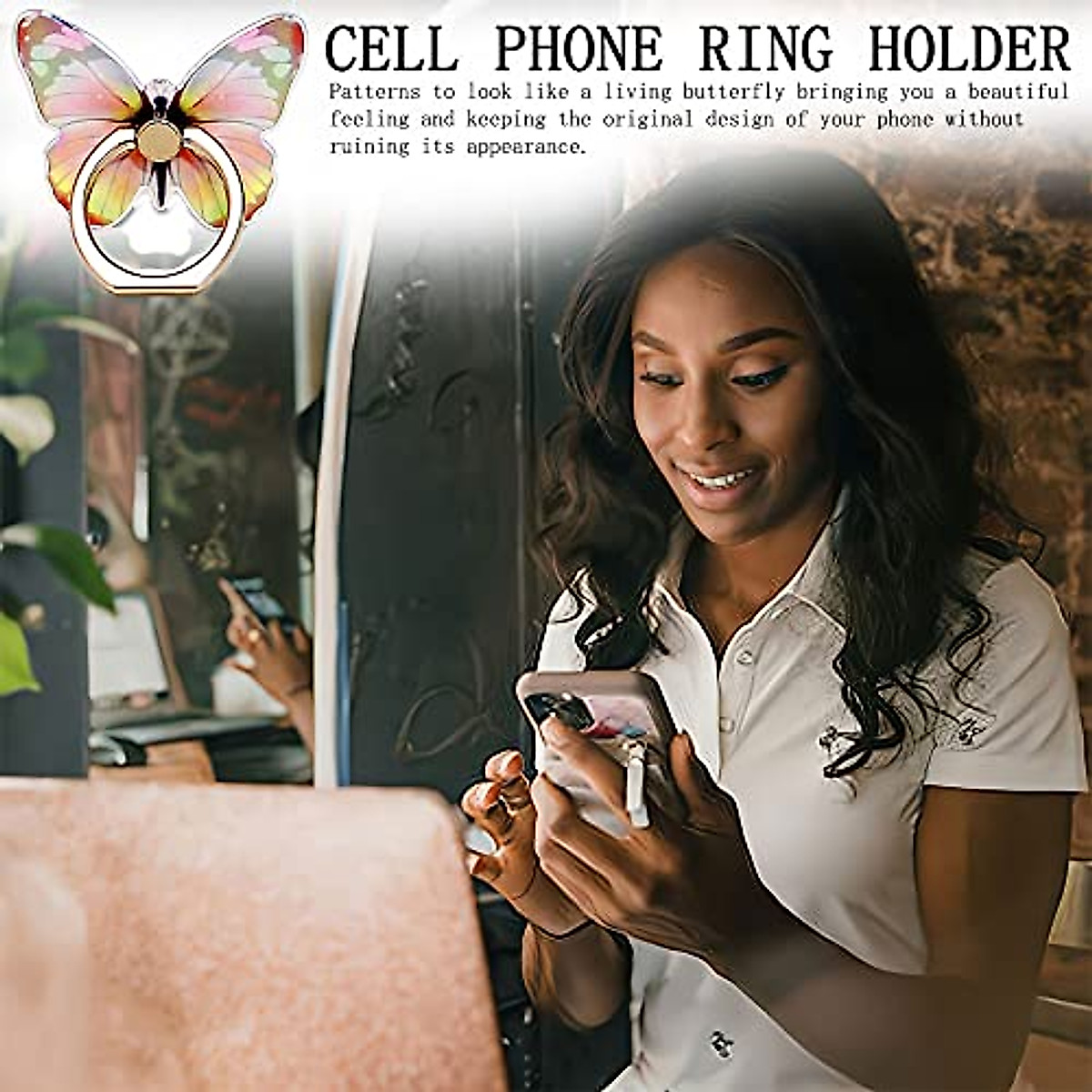 2 Pcs Butterfly Cell Phone Ring Holder Finger Ring Grip Stand 360° Rotation Cute Butterfly Pattern Painted Metal Finger Stand Kickstand Compatible with Smartphone Tablet E-Reader Etc