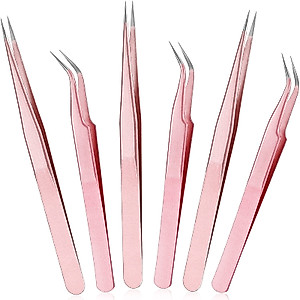 Mudder 6 Pcs Lash Tweezers Precision Eyelash Tweezers for Lash Extension, Straight and Curved Tip, Stainless Steel for False Volume Eyelash Application Tools(Rose Gold)