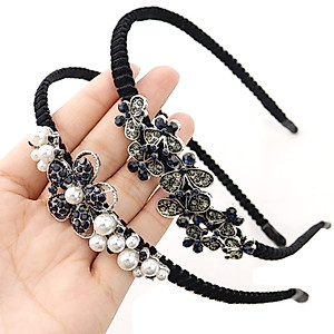 TCOTBE 2 Pack Rhinestone Hair Accessories: Crystal Headbands, Shiny Butterfly Flowers, Vintage Sparkly Beaded Hoops, Pearl Jewelry for Women