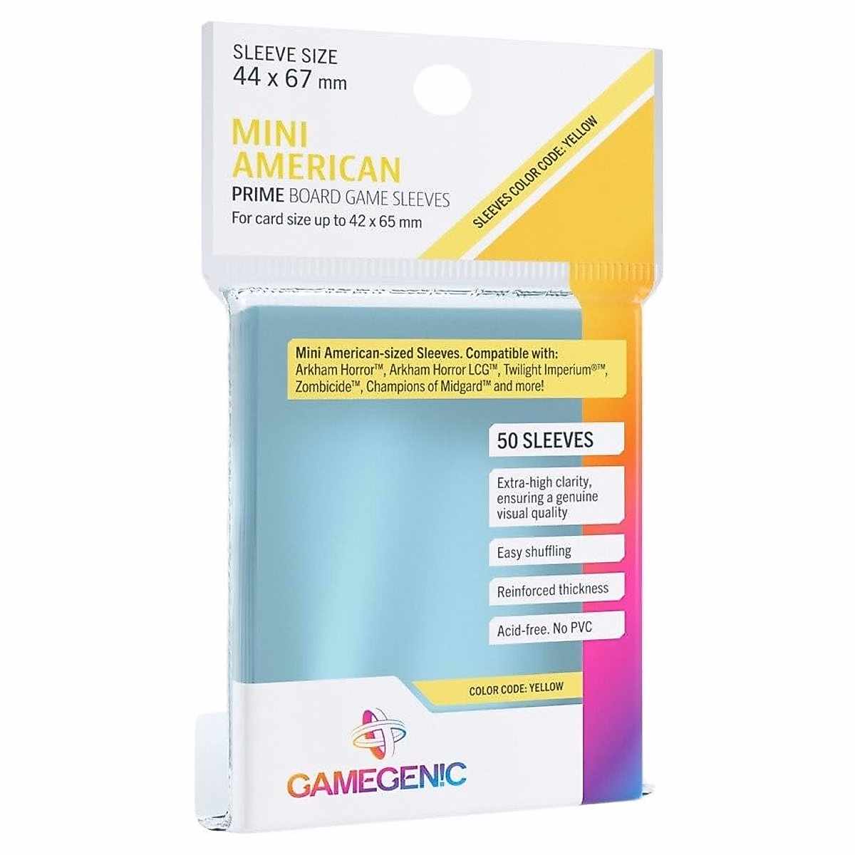 Prime Board Game Sleeves | Pack of 50 Extra-Clear Sleeves | 44 by 67 mm Card Sleeves Optimized for Mini American Card Games | Premium Card Protection | FFG Yellow Color Code | Made by Gamegenic