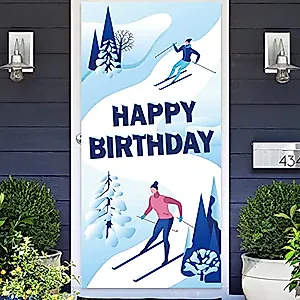 Skiing Happy Birthday Banner Backdrop Background Sports Ski Snowboards Theme Decor Decorations for Skier Winter Christmas 1st Birthday Party Baby Shower Supplies Photo Booth Props Favors