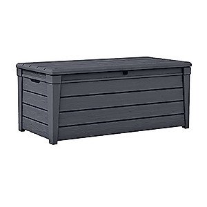 Keter Brightwood 120 Gallon Resin Large Deck Box for Patio Garden Furniture, Outdoor Cushion Storage, Pool Accessories, and Toys, Grey