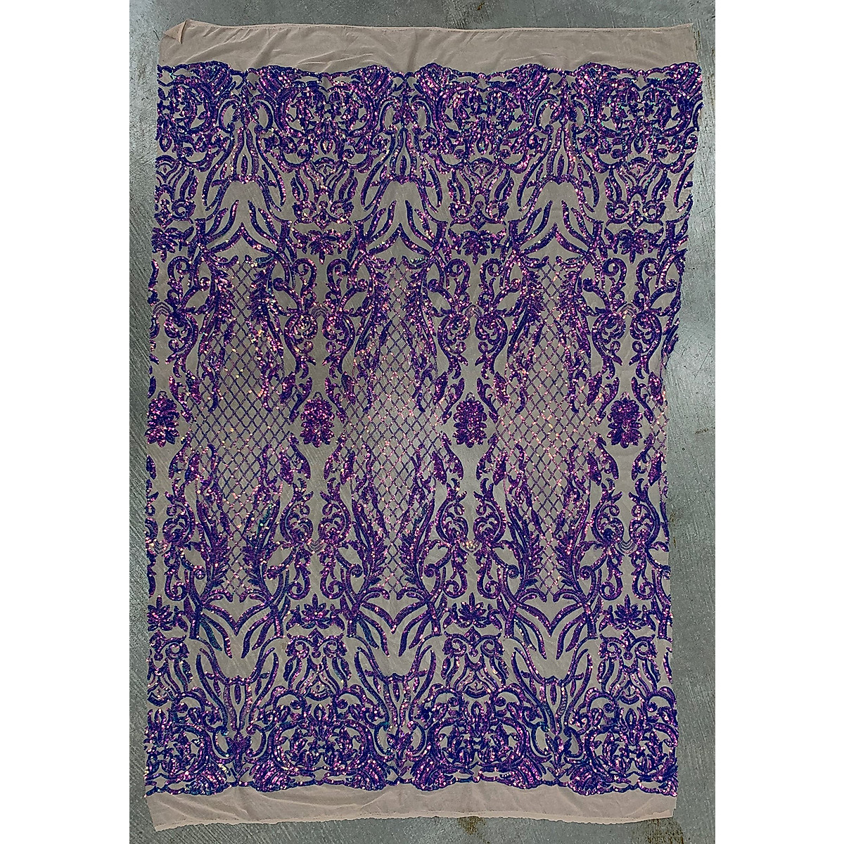 Phoebe Iridescent Purple Sequins on Nude Mesh Lace Fabric by The Yard - 10062