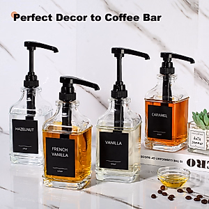 GMISUN Coffee Syrup Dispenser for Coffee Bar, Square Glass Syrup Dispenser with 1/4oz Large Capacity Pump, Coffee Syrup Pump Dispenser, Coffee Bar Accessories, Organizer, Decor, Black, 16oz, 4 Pack