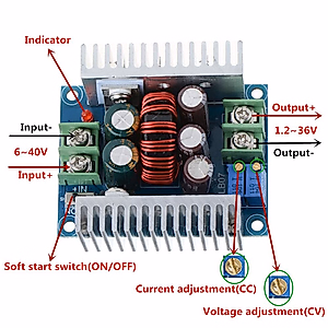 JacobsParts 300W Synchronous Buck Module Constant Current CC CV DC DC Step Down Voltage Power Regulator 6-40V in to 1.2-36V 20A Out 5V 12V 24V