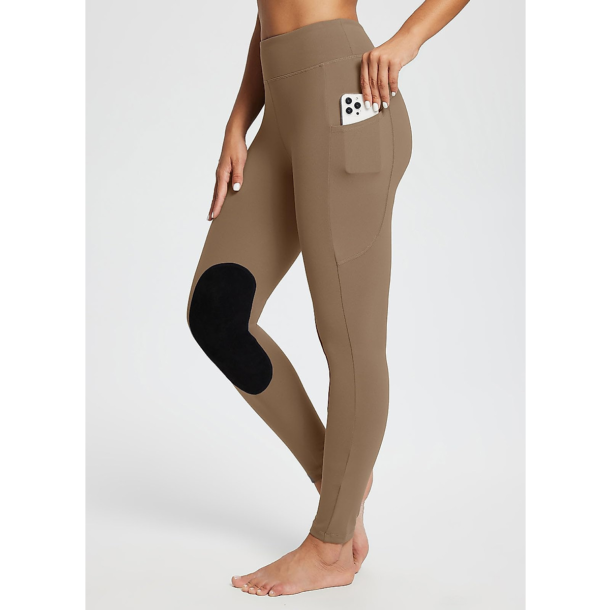 BALEAF Women's Winter Riding Pants Horse Breeches Knee-Patch Fleece Horseback Equestrian Tights Pockets Leggings Brown M