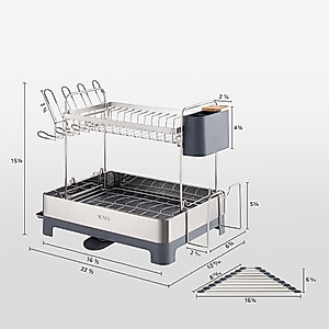 SUNLY Large Dish Drying Rack, Dish Racks for Kitchen Counter, 304 Stainless Steel Kitchen Drying Rack, Multipurpose 2 Tier Dish Drying Rack, Extra Large Dish Dryer with Rotatable Spout, Gray