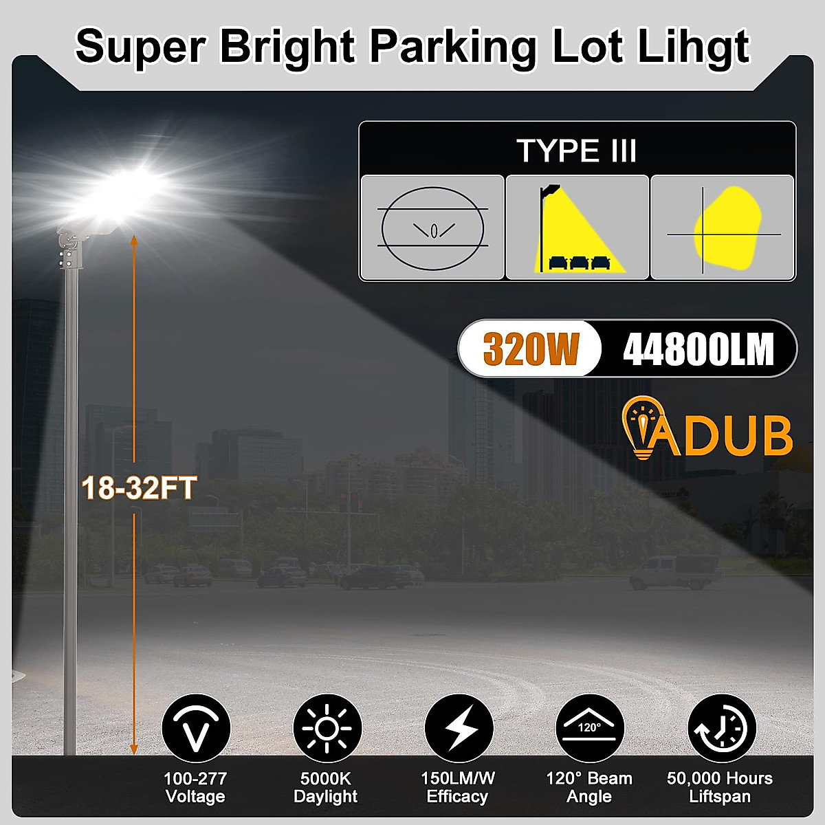 ADUB 320W LED Parking Lot Light with Photocell, UL Listed LED Shoebox Light, 150W/120W/90W LED Post Light 21,000 LM