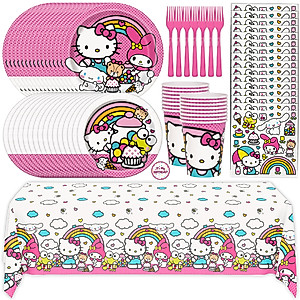Hello Kitty Birthday Decorations & Party Supplies | Hello Kitty Plates, Cups, Napkins, Tablecloth, Forks, Sticker | Serves 16 Guests | Officially Licensed