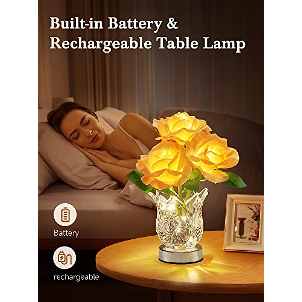 One Fire Flower Lamp Touch Lamp, Dimmable Table Lamp Rose Lamp, Rechargeable Cordless Lamp, Artificial Flower Lamp with Glass Vase, Small Lamp for Bedroom Bedroom Living Room, Birthday Gifts for Her