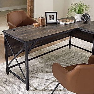 Sauder Steel River Wood and Metal L-Desk with Drawers, Carbon Oak Finish