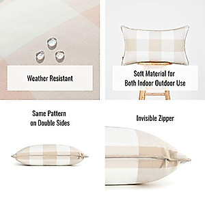 Hofdeco Coastal Patio Indoor Outdoor Lumbar Pillow Cover ONLY for Backyard, Couch, Sofa, Tan Buffalo Check, 12"x20"