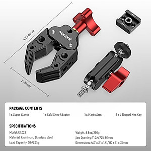 NEEWER Super Clamp with Dual Ballhead Magic Arm, Cold Shoe Mount, 1/4" 3/8" Threads Compatible with SmallRig Accessories, Light Clamp Camera Clamp Max Load 2.2kg Compatible with GoPro Insta360, UA023