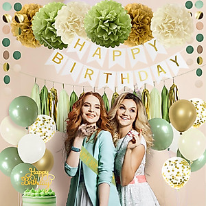 Sage Green Birthday Party Decorations with Birthday Banner,Tissue Tassels Paper Pompoms,Balloons,Birthday Sash,Cake Topper Birthday Decorations for Women Adults