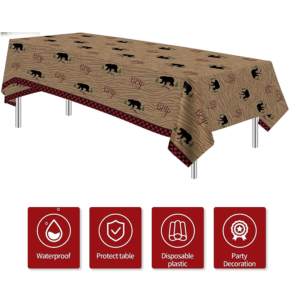 Xigejob Lumberjack Baby Shower Tablecloth Decorations - Disposable Lumberjack Baby Boy Table Cover, Buffalo Plaid Wild Bear Adventure Theme Its a Boy Supplies Table Cloth - 2 Pack (54in x 108in)