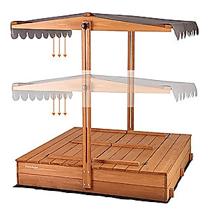 Kids Wooden Outdoor Sandbox w/Canopy, 2 Foldable Bench Seats, Retractable Roof Sand Protection Liner 47x47-Inch