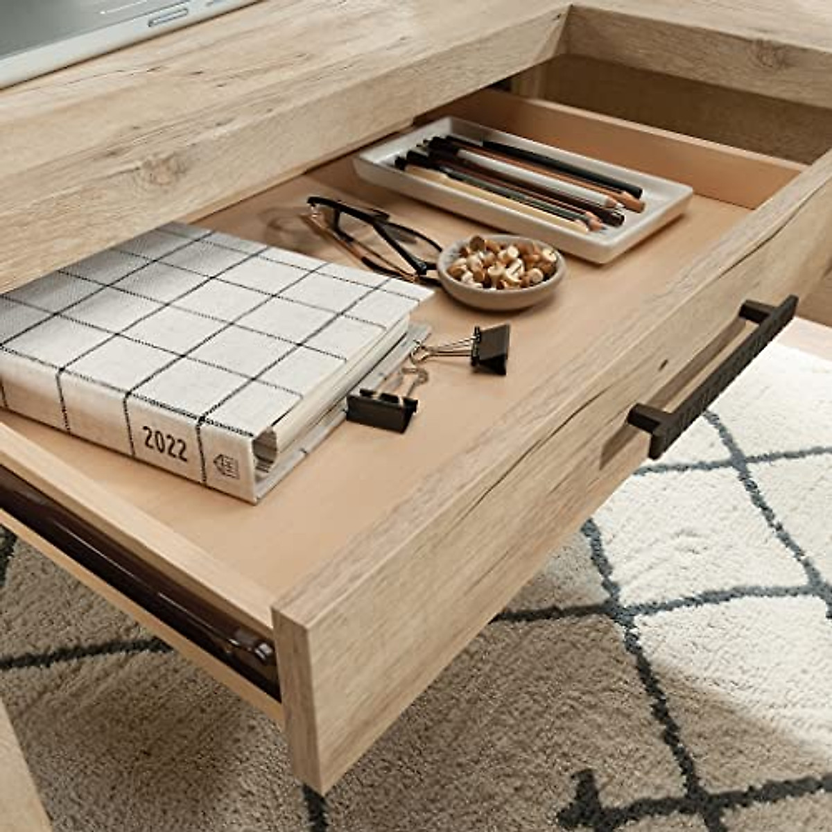 Sauder Pacific View L-Desk, L: 58.47" x W: 58.43" x H: 29.92", Prime Oak Finish