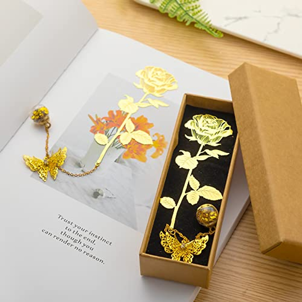 4 Pack Metal Golden Rose Bookmarks Flower Bookmark Cute Bookmarks with 3D Butterfly Pendant Chain and Box Teacher Mom Appreciation Birthday Gifts for Reader Book Lover