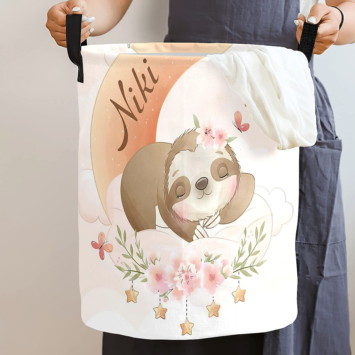 Cute Sloth Floral Round Storage Basket Personalized Name Laundry Basket Waterproof Nursery Hamper with Handle for Living Room Bedroom and Clothes