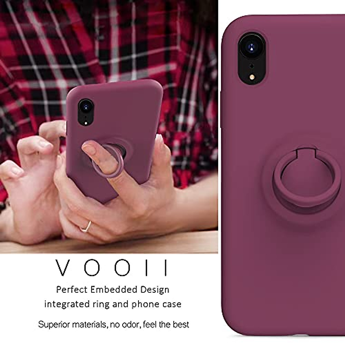 Vooii for iPhone XR Case with Kickstand | Baby Grade Liquid Silicone | 10ft Drop Tested Protective, Microfiber Lining Shockproof Full-Body Cover Case for iPhone XR (WineRed)