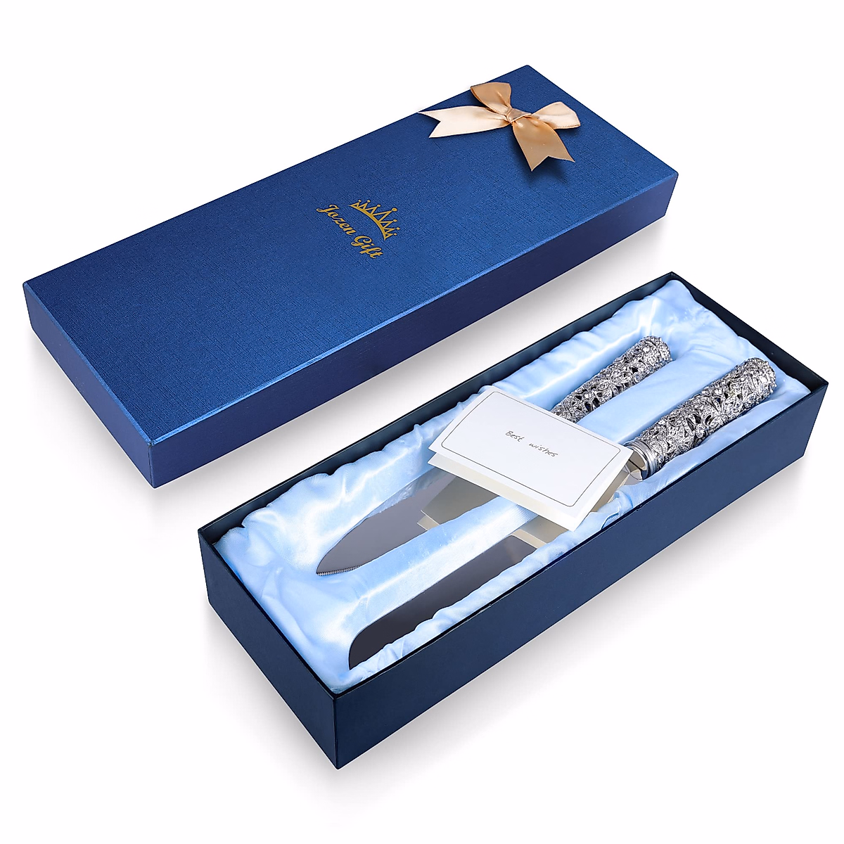 Jozen Gift Wedding Cake Knife and Server Set - 2 Piece Dessert Set Metal Handle with Crystal Stones Decoration for Wedding, Anniversary Party Birthday Banquets and Gifts for Bride and Groom