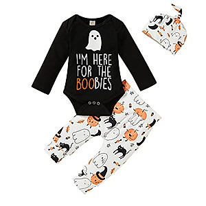 Sinhoon Baby Boys Girls Halloween Outfits Funny Letter Romper+Ghost Pumpkin Legging Pants Halloween Clothes（Black,Newborn