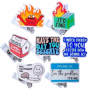 7pc Funny Badge Reel Retractable for Nurse, Teachers, Nurses, Office Workers & Nursing | Cute Cool ID Tag Card Holder Clips for Doctor Student for Men & Women Lanyard Supplies Accessories