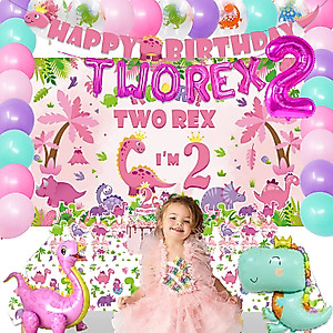 KOTLMIGHT Dinosaur Birthday Party Supplies for 2 Year Old Girl, Two Rex Pink Dinosaur Dino Party Decorations for Girls Baby - Backdrop, Banner, Toppers, Cupcakes Wrappers, Balloons and Tablecloth