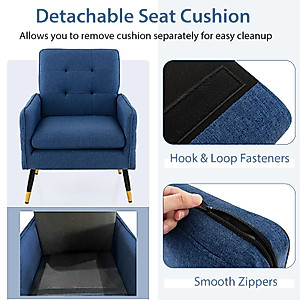 Giantex Modern Mid-Century Accent Chair - Upholstered Armchair with Tufted Back, Metal Legs, Adjustable Foot Pads, Linen Fabric Single Sofa Chair for Reading, Living Room Chair for Bedroom, Blue