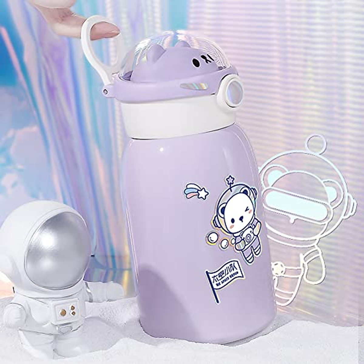JQWSVE Kawaii Water Bottle Cute Stainless Steel with Straw and Stickers, Vacuum Insulated Cartoon Astronaut Thermos Carrier Holder for Boys Girls (500ml) Purple