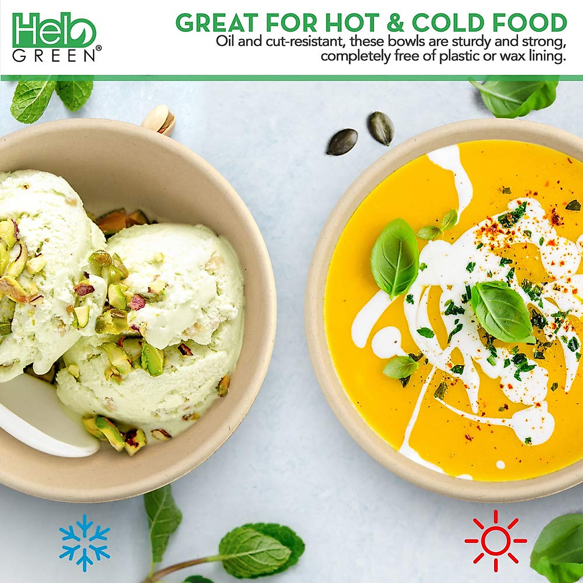 HeloGreen 24 oz. 50 Count 100% Compostable Bowls – Paper Bowls, Eco Friendly Biodegradable, Disposable Bowls, Hot Soup and Cold Food, Heavy-Duty Quality, Natural, Made of Bagasse Sugar Cane Fibers