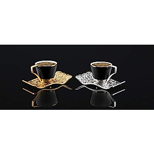 DEMMEX Stunning Espresso Turkish Coffee Cups with Metal Holders and Saucers Set for 6, 2.6 Ounces (White - Gold)