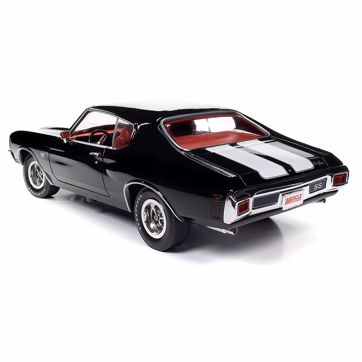 1970 Chevy Chevelle SS Tuxedo Black with White Stripes and Red Interior Hemmings Muscle Machines Magazine Cover Car (May 2011) "American Muscle Series 1/18 Diecast Model Car by Auto World AMM1317