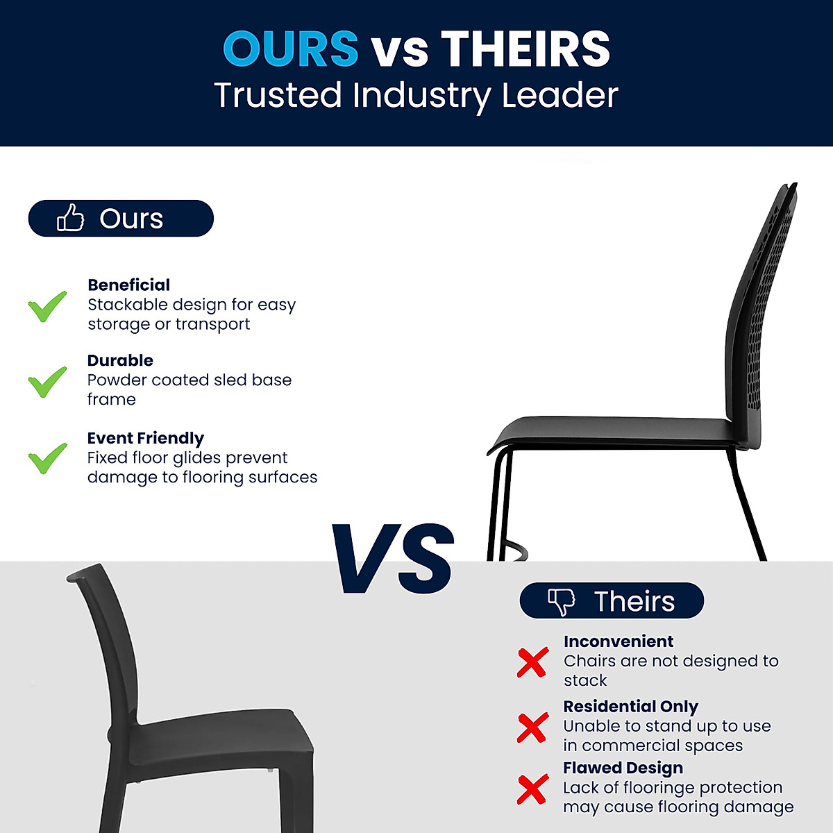 Flash Furniture 5 Pack HERCULES Series 661 lb. Capacity Black Stack Chair with Air-Vent Back and Black Powder Coated Sled Base