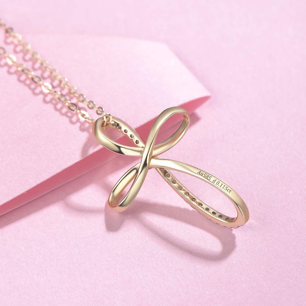 Carleen 14K Solid Yellow Gold 0.115CTTW Genuine Diamond Pave Cross Pendant Silky Infinity Ribbon Design Dainty Fine Delicate Necklace Jewelry Holiday Mother's Day Gifts for Women, 16+2 INCH