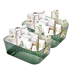 BIEDUM 2 Pack Open Compartment Clear Plastic Organizer, Rectangular Makeup and Vanity Storage Bin and Pantry Caddy with Pass-Through Handles for Bathroom Kitchen Refrigerator Organizers and Storage