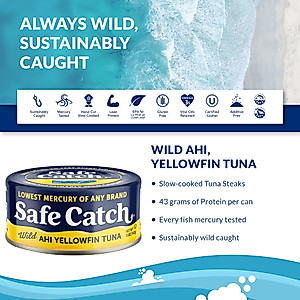 Safe Catch Wild Ahi Yellowfin Tuna Fish Canned, Wild Caught, Lowest Mercury, Lean Protein, Omega 3, Gluten-Free, Kosher, Pack of 6