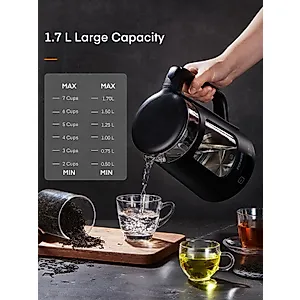 Electric Kettle, 1.7L Glass Tea Kettle, with Keep Warm, 5 Temperature Control, 1500W Fast Boil, Auto Shut-Off & Boil-Dry Protection, with 5 Colored Lights, Black