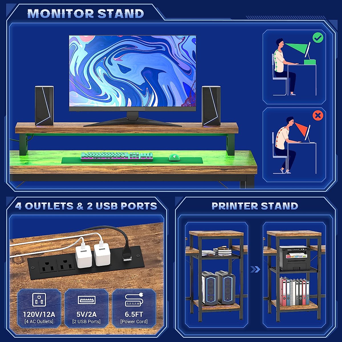 Unikito Double Computer Desk with LED Strip and Power Outlet, 2 Person Desk with Monitor Stand and Storage, Ergonomic Computer Desk with Printer Stand for Home Office, Long Gaming desk, Rustic Brown
