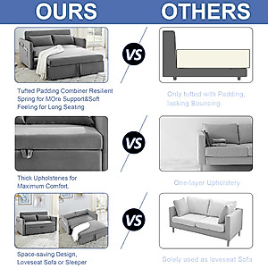 SumKea Loveseat Sleeper Sofa Beds, Pull Out Couch, 55'' Velvet 3 in 1 Sofa Cama Adjustable Back with 2 Pillows & Side Pocket, Ideal for Living Room and Bedroom, Grey