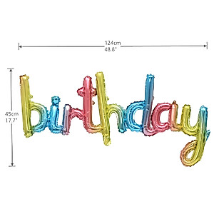 Happy Birthday Balloons Banner 16 Inch Hanging Birthday Balloons 3D Silver Foil Cursive Script Letter Balloons for Kids and Adults Birthday Party Decorations Supplies (Rainbow)