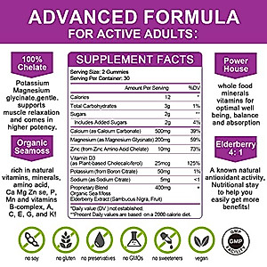 Calcium Magnesium Zinc Gummies with High Absorption Magnesium Glycinate 200mg Potassium -Plant Complex Calcium Supplement with D3 Sea Moss for Bone, Muscles, Calm Mood & Sleep Support - Vegan (2 Pack)