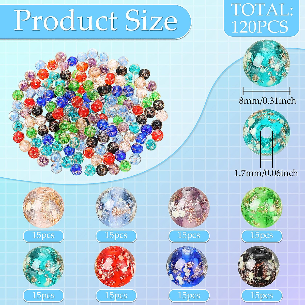 Lyrow 120 Pcs Luminous Glass Beads 8mm Round Beads Bulk Glow in The Dark Beads Glass Round Loose Spacer Ball Beads for Making DIY Craft(Multicolor)