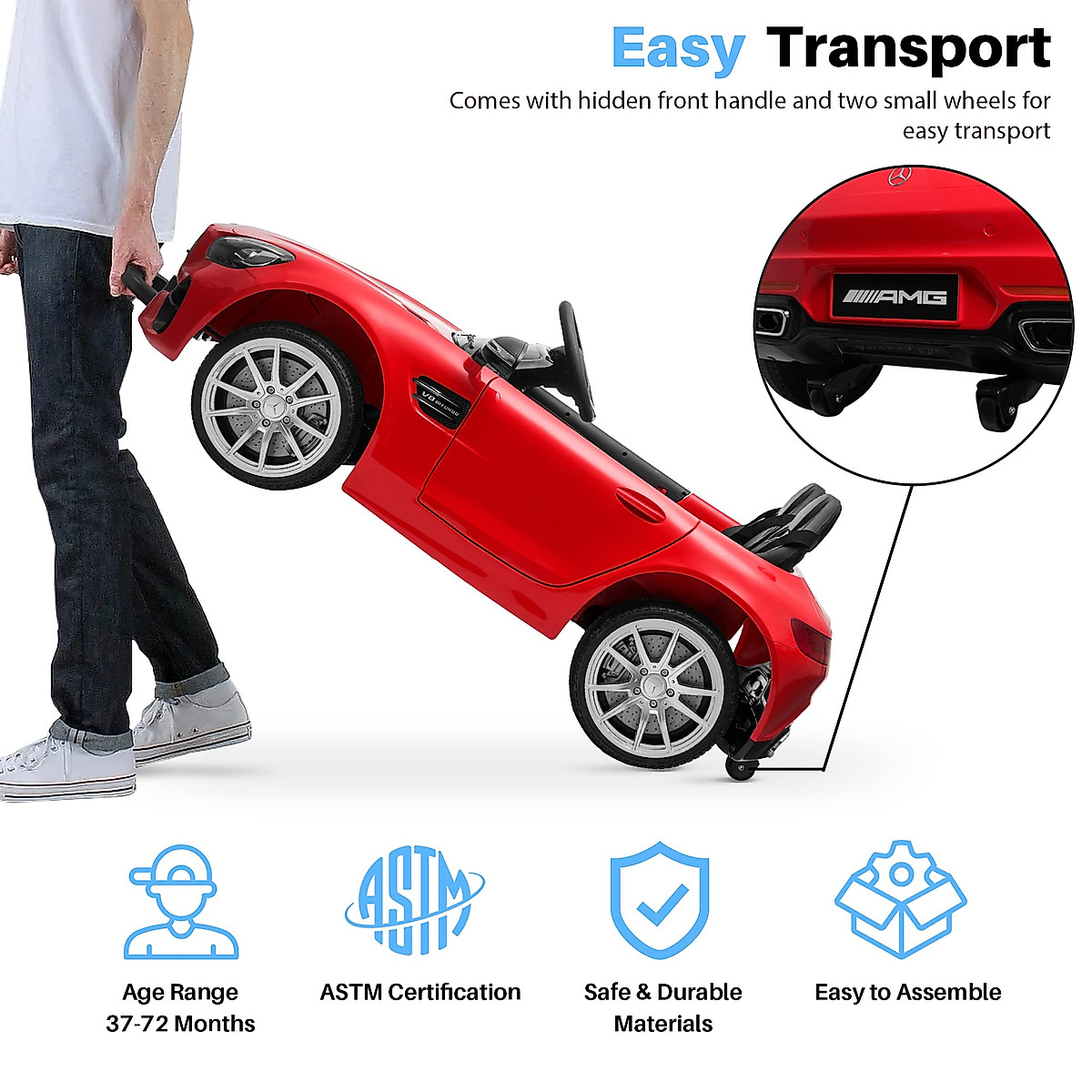 Kidzone 12V Kids Ride On Car Toy 2-Seater AMG GT Electric Powered Vehicle High/Low Speed with Horn, Radio, Port, AUX, Spring Suspension - Red