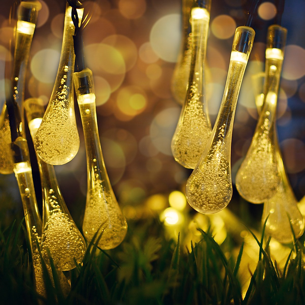 SEYEON Solar String Lights Water Drop Decorative Lights String Waterproof Outdoor Garden Fairy Lights for Patio, Yard, Home, Parties 2-Pack (Warm White)