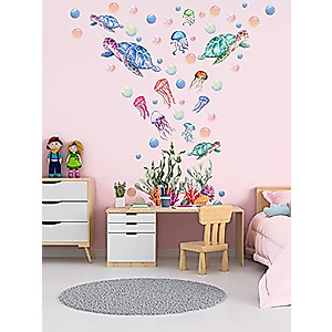 Under The Sea Wall Decals Sea Turtle Seaweed Wall Stickers Kalolary 3D Under The Sea Coral Reef Ocean Grass Bubbles Wall Decals Wall Decoration for Wall Corner Nursery Room Children Bedroom Bathroom Living Room