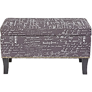FIRST HILL FHW Endora Rectangular Fabric Storage Ottoman with Script-Style Pattern - Storm Grey