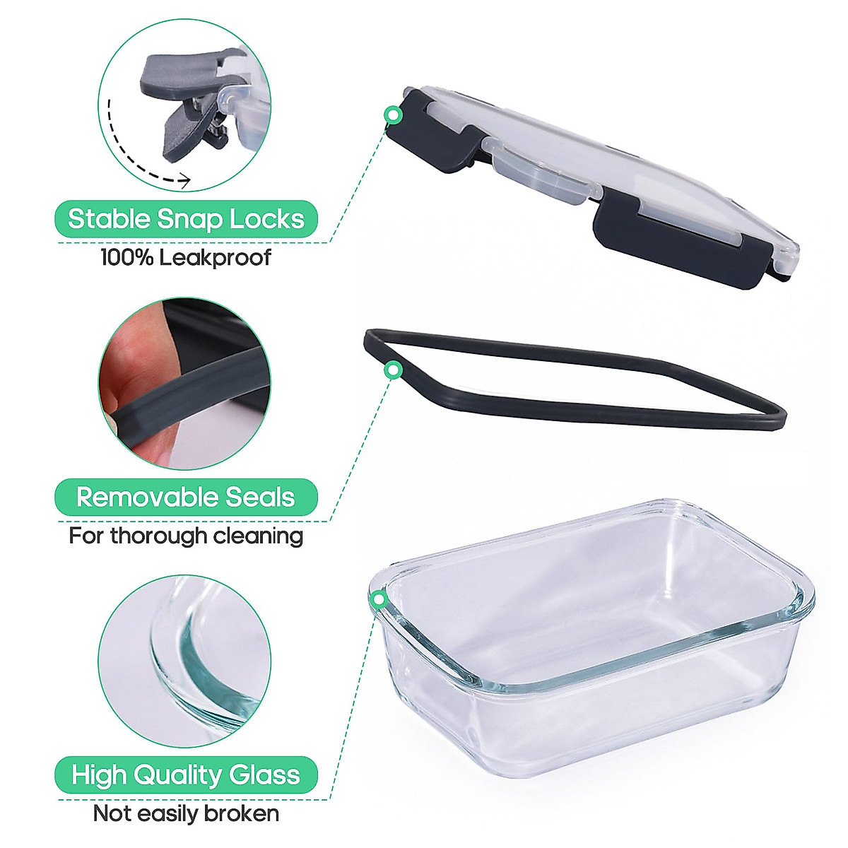 Dumtanight 3 Piece Glass Food Storage Container Glass Lunch Containers Glass Meal Prep Container Set Clip Seals Tightly Without Leakage Applicable to Microwave Oven Refrigerator Dishwasher