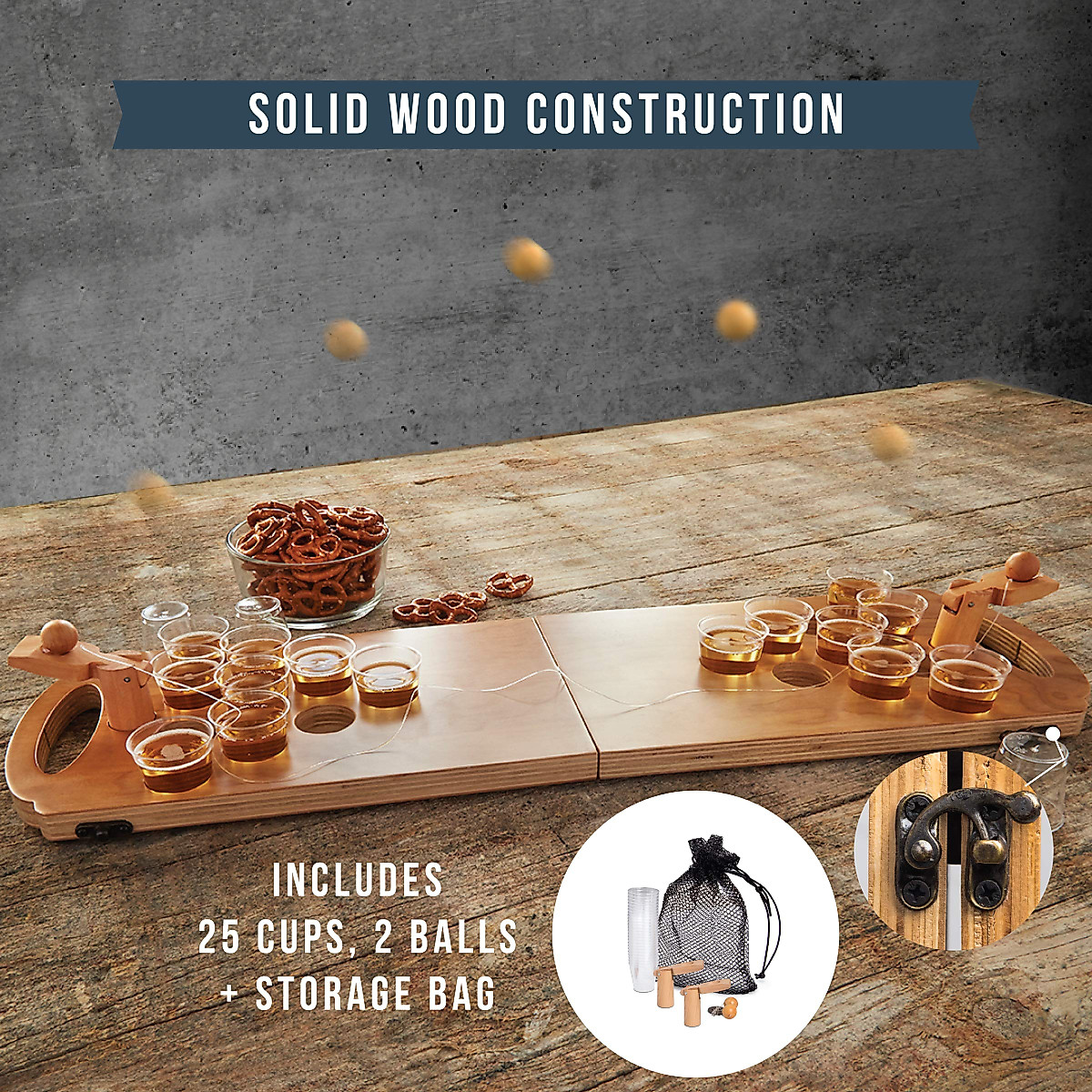 Hammer + Axe Mini Beer Pong Drinking Game, Portable Foldable Wood Tabletop Activity, Includes 25 Cups, 2 Balls, Carrying Bag, Tailgate College BBQ Party Game, College Dorm Gift, Alcohol Liquor Shots